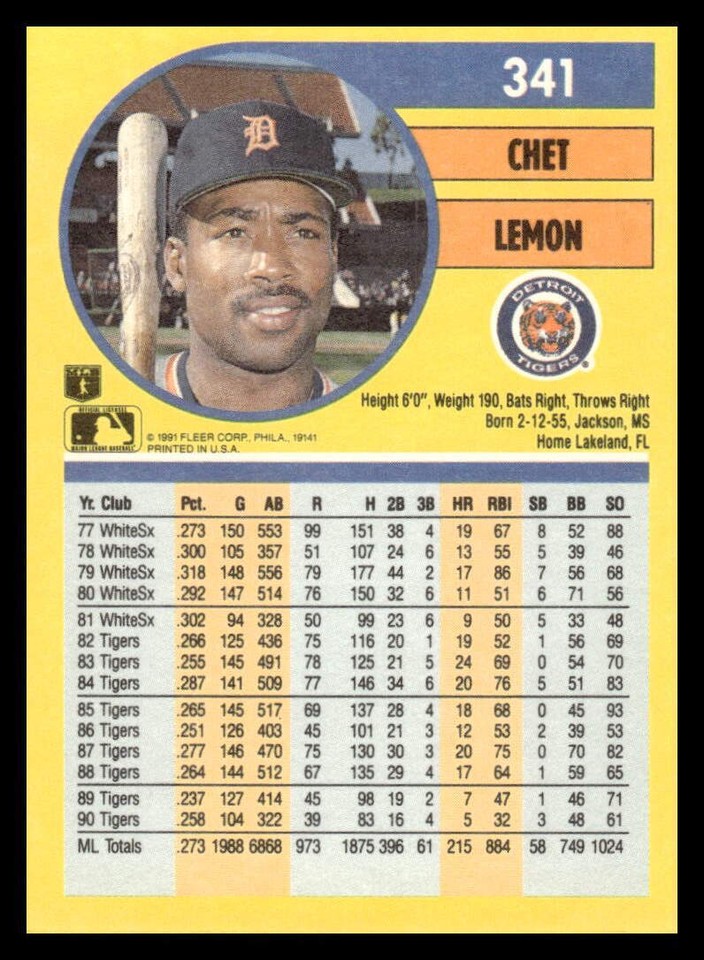 1991 Fleer Chet Lemon #341 Detroit Tigers Baseball Card | eBay