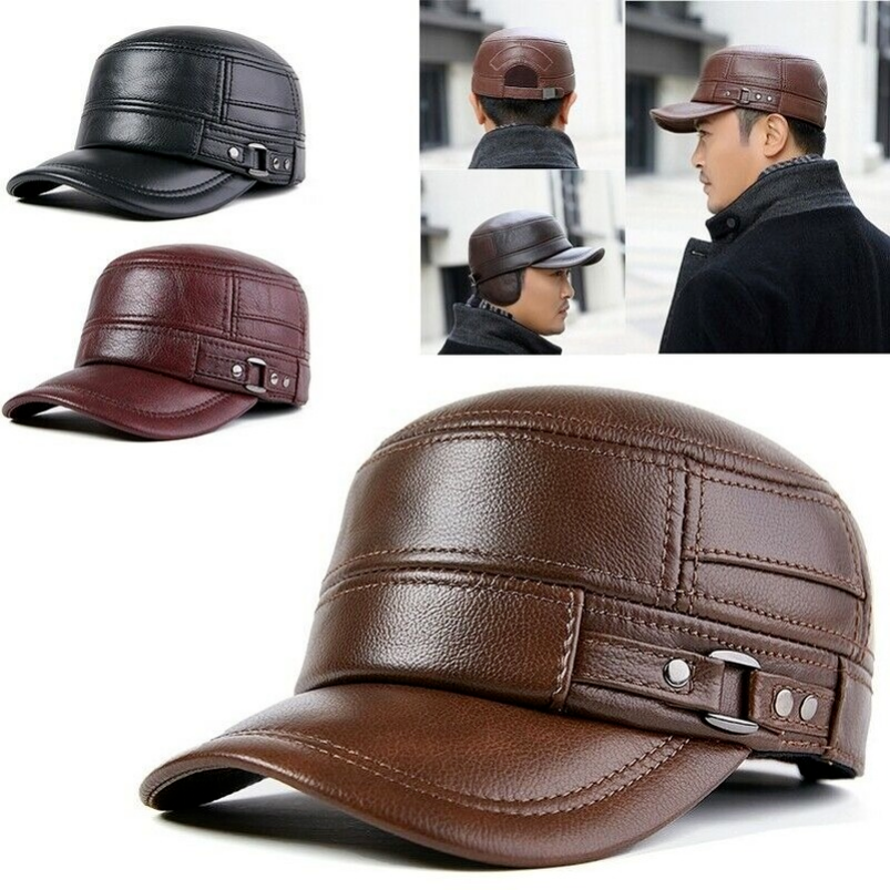 Men's 100% Genuine Leather Hat Full Grain Winter Warm Cowhide Baseball ...