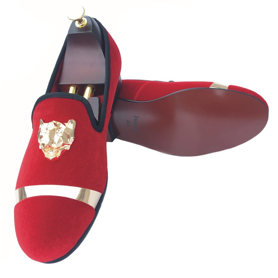 Men Red Velvet Loafers Wedding Dress Shoes with Red Bottom Buckle ...