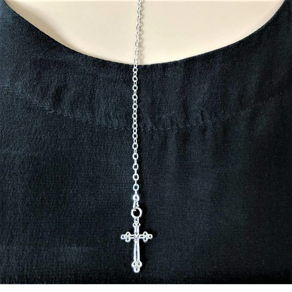 Silver Double Cross Drop Chain Necklace | eBay