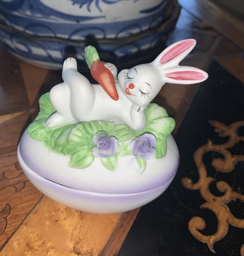 Vintage Lefton Easter Bunny With Carrot Purple Ceramic Egg Trinket Box ...