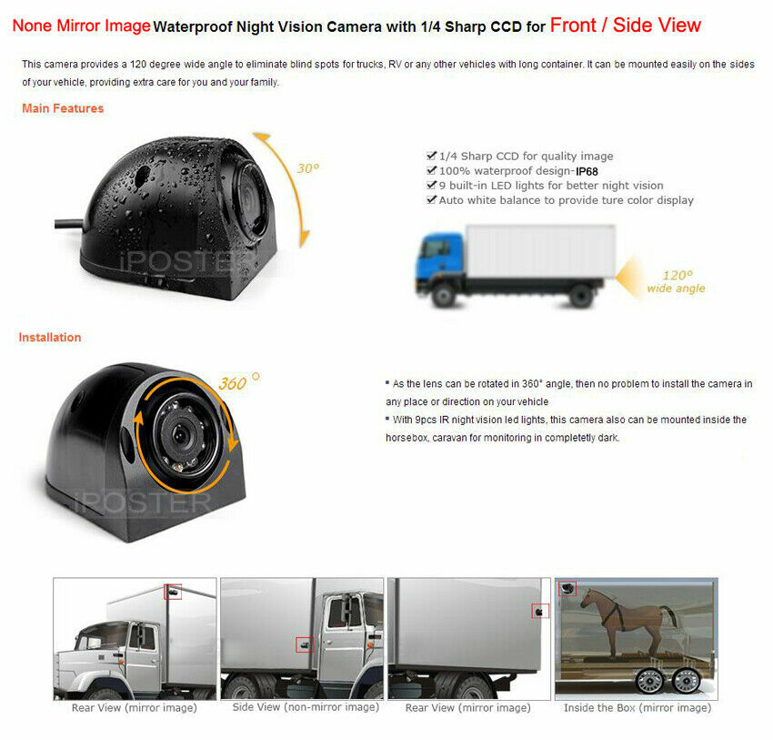 4Pin 9 LED Side Rear View Reverse Backup Camera For Truck Bus RV ...