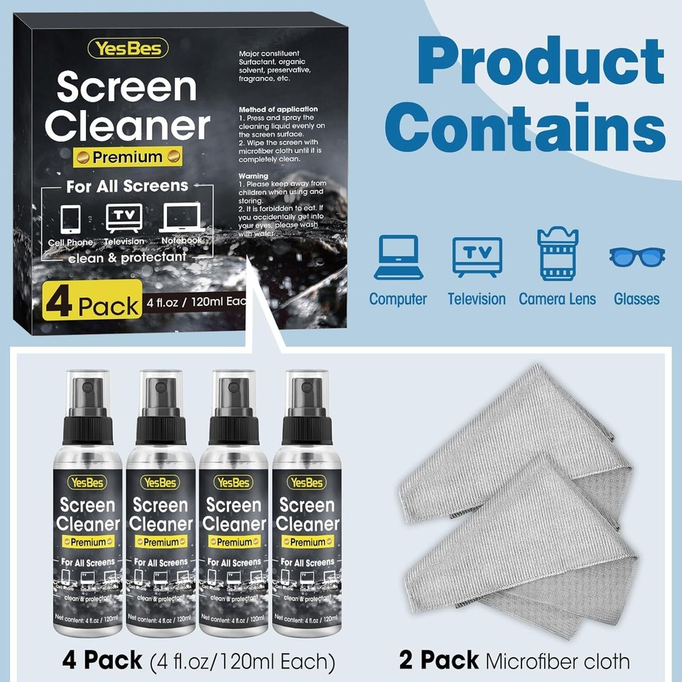 4 Pck Screen Cleaner Spray Large Kit w/ Microfiber Cloths For TV ...