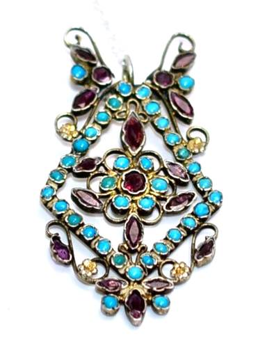GORGEOUS! Antique 900 AUSTRO HUNGARIAN *TURQ/GARNET GEMSTONES* Pendant ...
