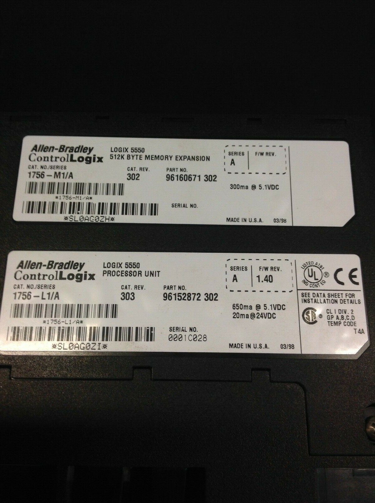Allen Bradley Logix5550 Processor 512k Byte Memory Expansion 1756-M1/A ...