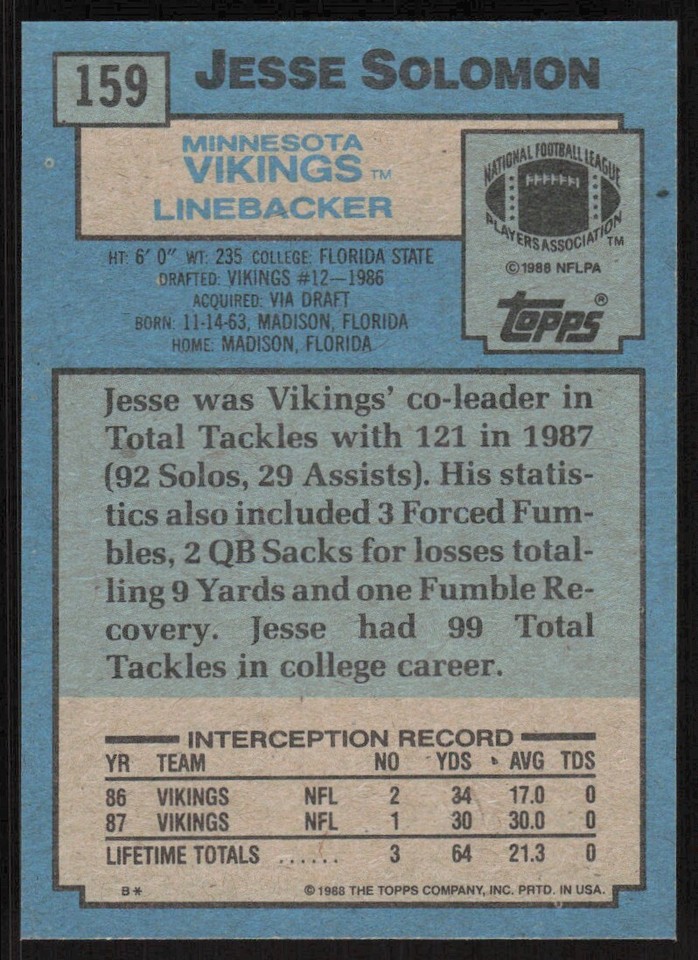 1988 Topps Football Jesse Solomon RC #159 Minnesota Vikings | eBay