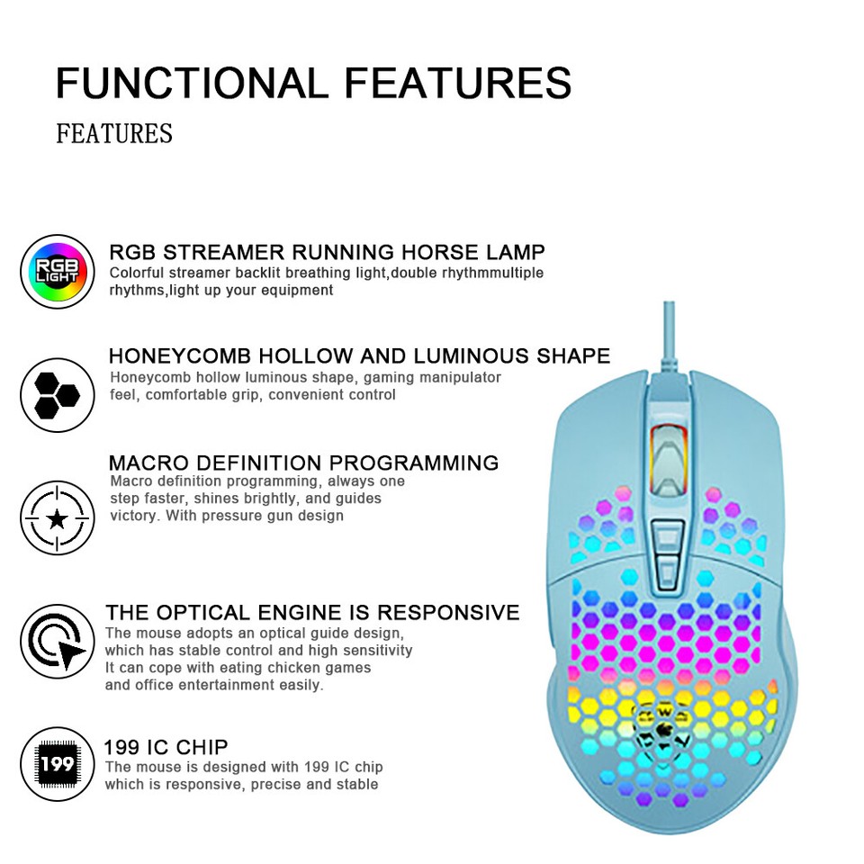 Gaming Mice Mouse 6400 DPI USB RGB Flowing Backlit Light Wired PC ...