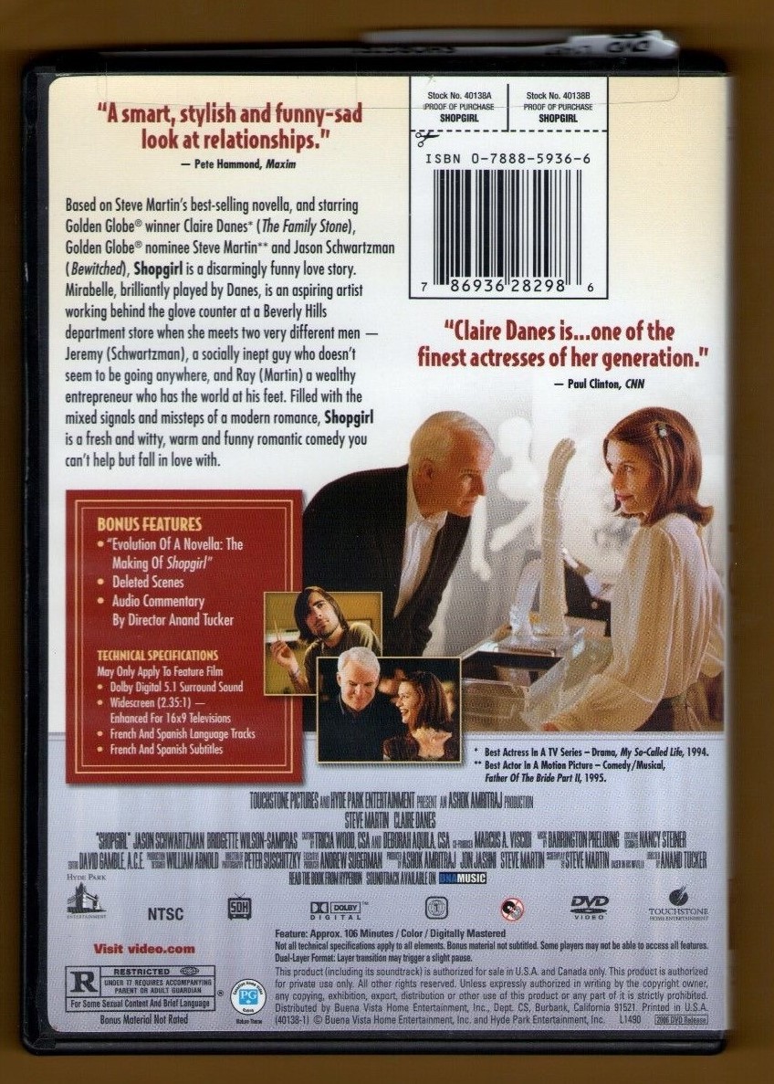 SHOPGIRL dvd CLAIRE DANES STEVE MARTIN JASON SCHWARTZMAN BRIDGETTE ...