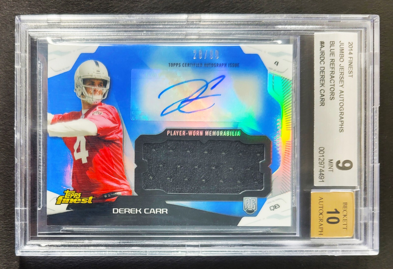 2014 Topps Finest - Autograph Jumbo Relics Derek Carr #AJR-DC Blue ...
