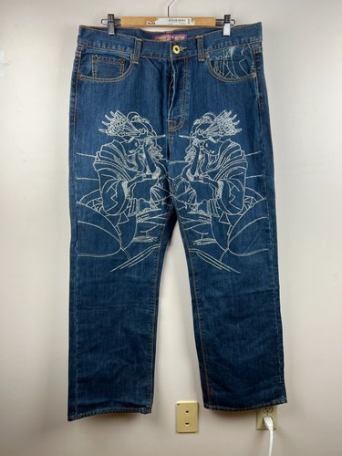 Vintage Y2K Christian Audigier Geisha Embroidered Denim Jeans Ed Hardy ...