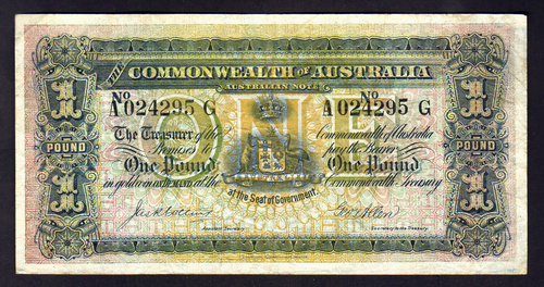 Australia R-18e. (1913) Collins/Allen - One Pound.. Prefix A, Suffix G ...