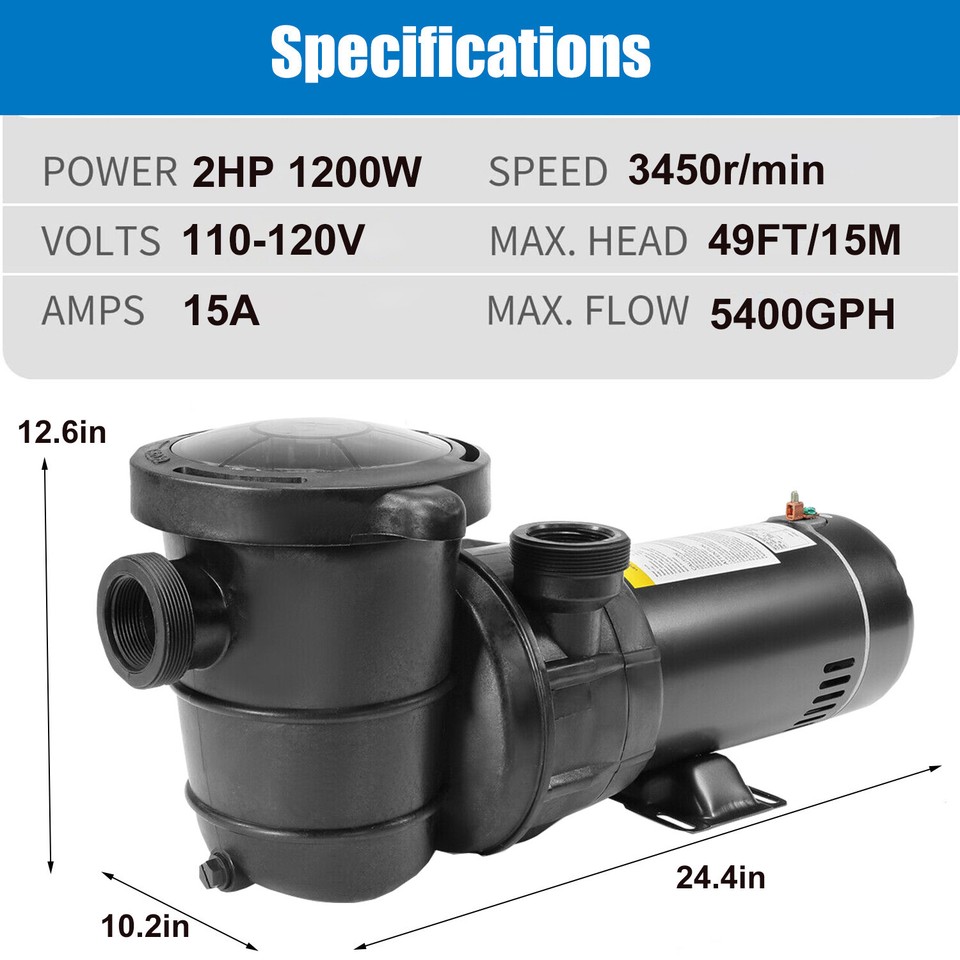 2HP Swimming Pool pump motor,In/Above Ground,5400GPH,49ft Hmax,1.5 ...