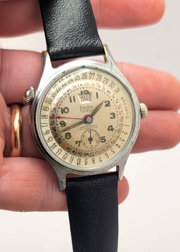 Rare 37mm Landau DATE-O-GRAPH Triple Date Calendar Men's watch AS IS to ...