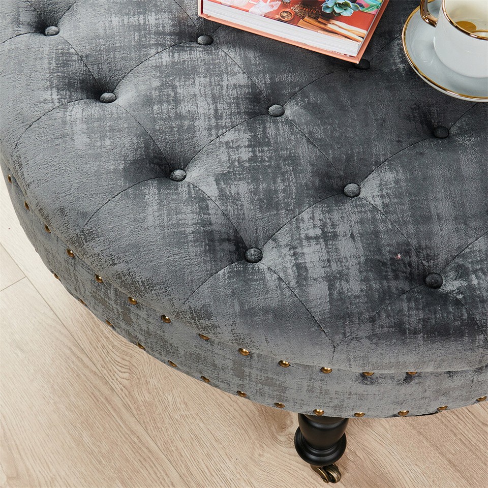 Large Upholstered Tufted Button Velvet Round Ottoman Coffee Table ...