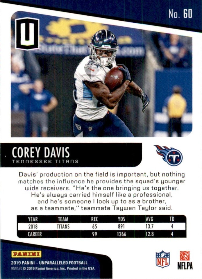 2019 Panini Unparalleled Corey Davis Tennessee Titans #60 NFL Football ...