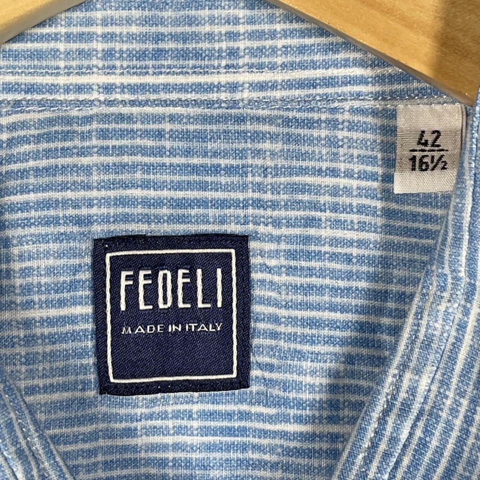 Fedeli Shirt Mens 16.5 Large Blue White Striped Made In Italy Button Up ...