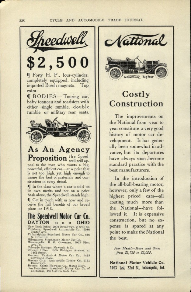 1909 PAPER AD CAR AUTO Fal-Car Automobile Speedwell Motor National Big ...