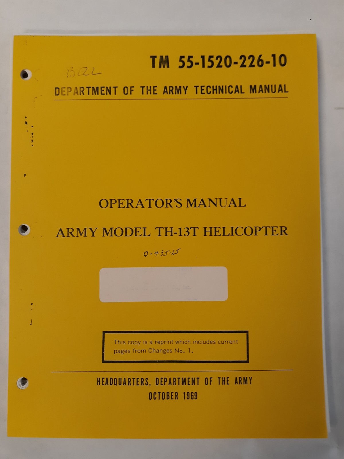 Bell Army Model TH-13T Helicopter Operators Manual TM 55-1520-226-10 ...
