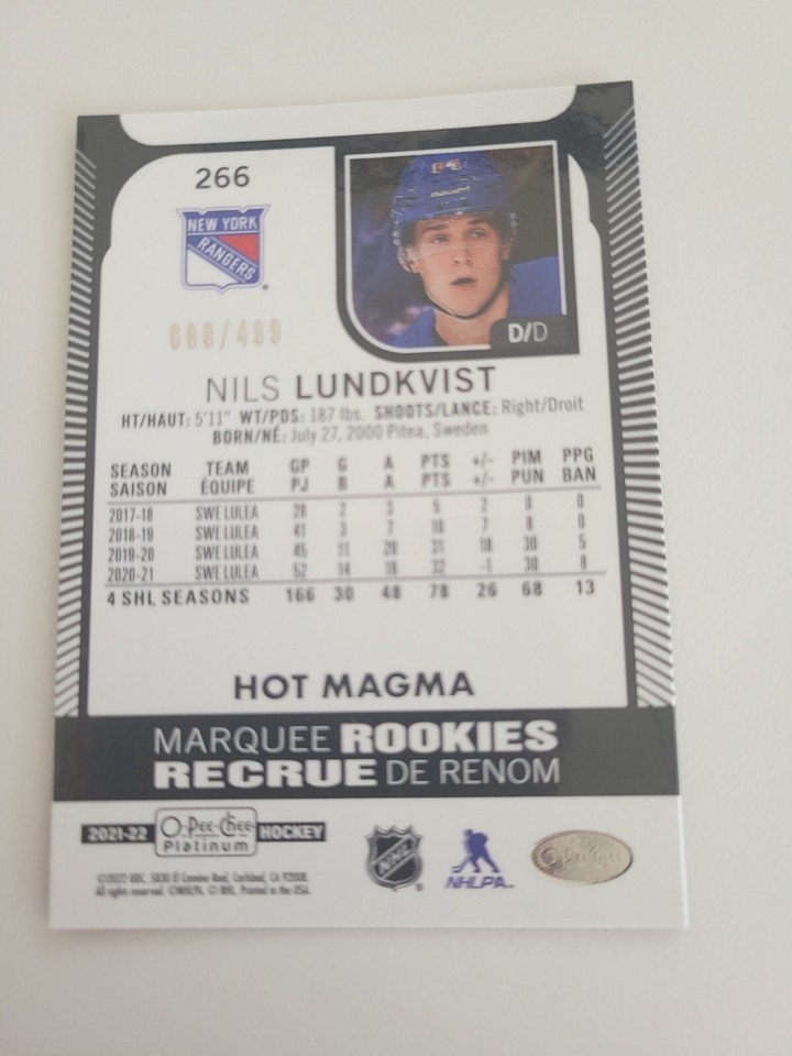 2021-22 O-Pee-Chee Platinum Hot Magma /499 Marquee Rookies #266 Nils ...