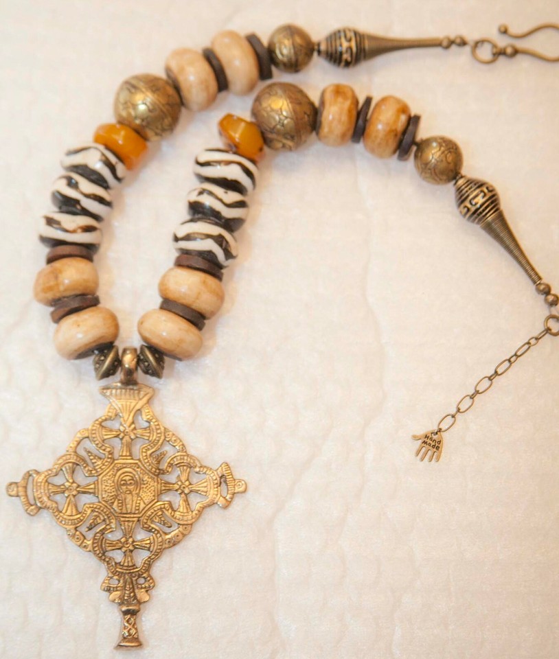 African Coptic Cross Necklace, Camel Bone, Statement, Tribal, Ethnic ...