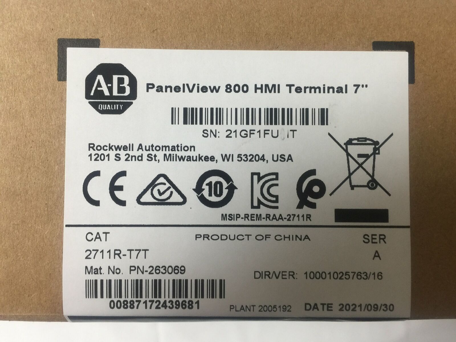 Allen-Bradley 2711R-T7T PANELVIEW 800 7-INCH HMI TERMINAL 2711R T7T US ...