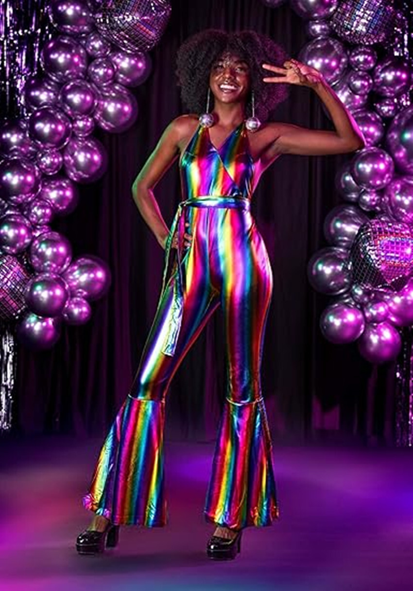 U-E3-1 70s Women's Rainbow Rave Disco Queen Jumpsuit Retro Hippie ...
