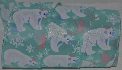 Wired Ribbon~Winter Polar Bear~Pink Bird~Aqua Blue~Christmas~Holiday~2. ...