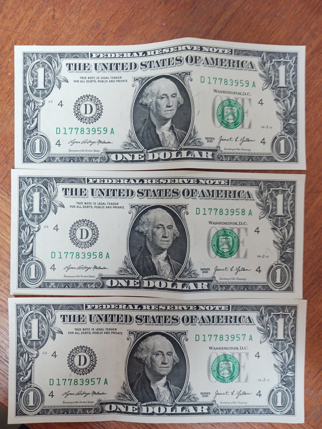 2021 crisp 3 consecutive serial numbers one dollar bills | eBay