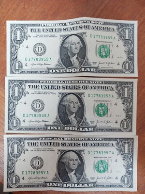 2021 crisp 3 consecutive serial numbers one dollar bills | eBay
