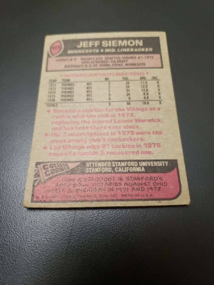 1977 TOPPS JEFF SIEMON #465 MINNESOTA VIKINGS FOOTBALL CARD | eBay