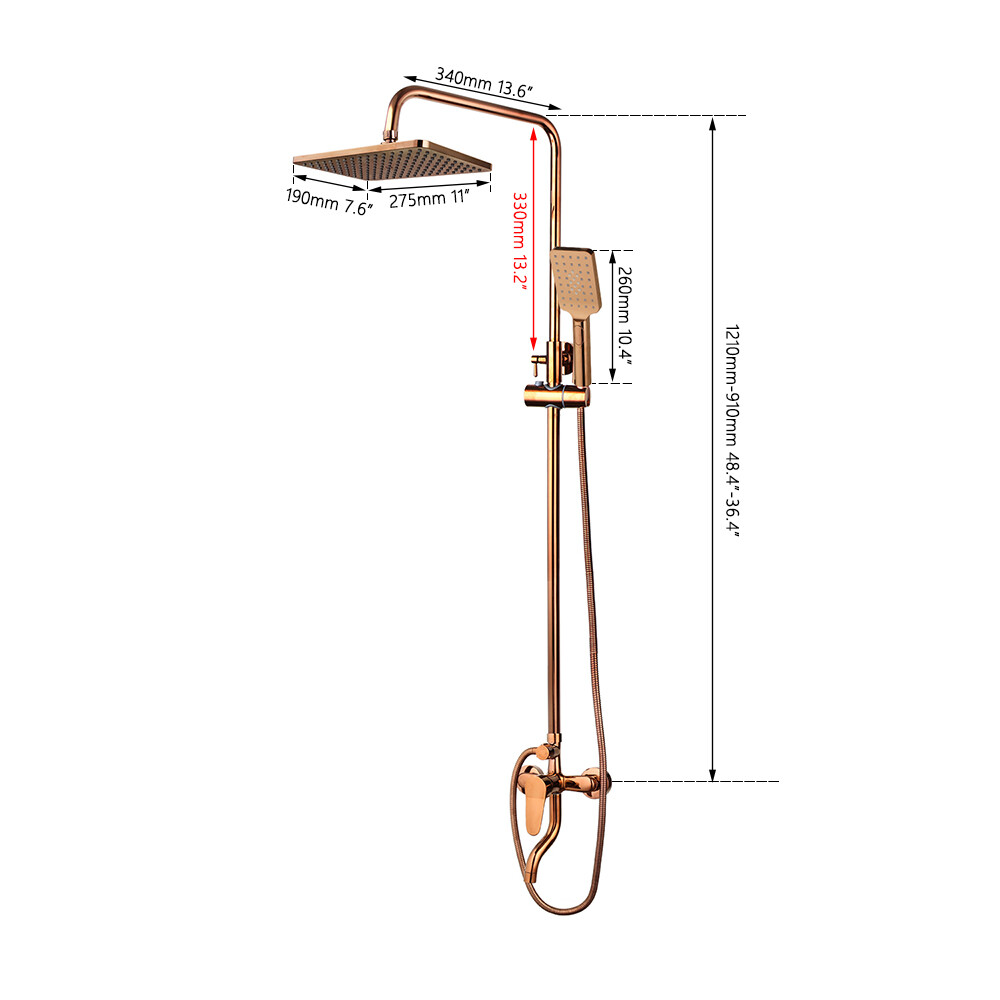Rose Gold Shower Faucet Set Rainfall Rectangle Head Wall Mounted Brass ...