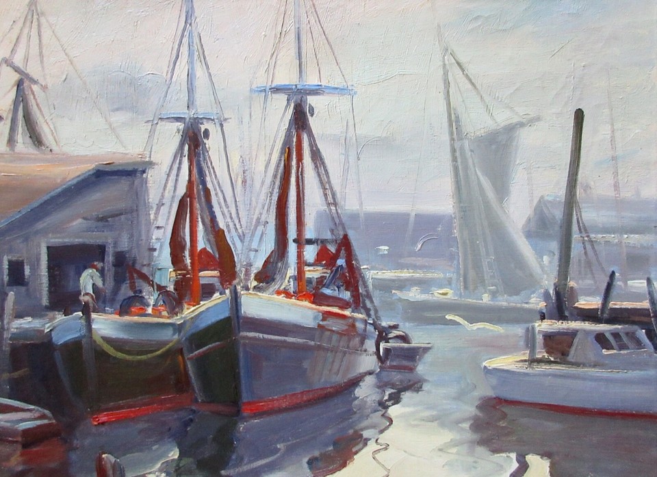 Russ Webster (1904-1984) Large Vintage Gloucester, MA Harbor Scene Oil ...