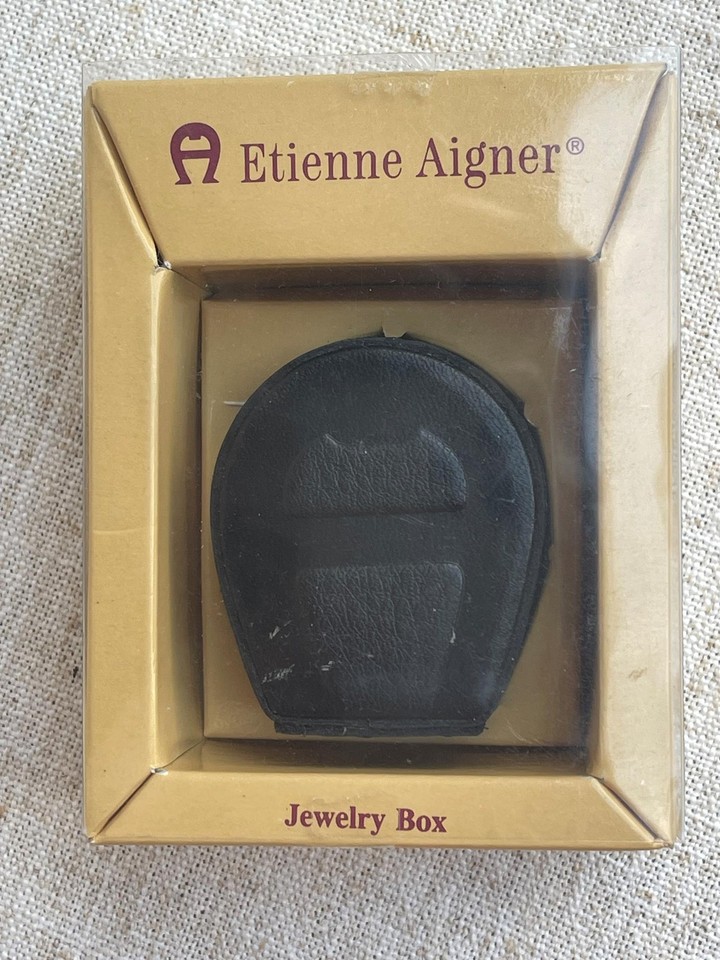 Etienne Aigner Small Black Jewelry Pill Box Leather Mirror Inside ...