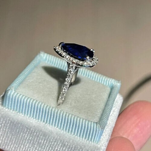 6.44 Ct Pear Cut Natural Sapphire Diamond Wedding Ring 14K Solid White ...