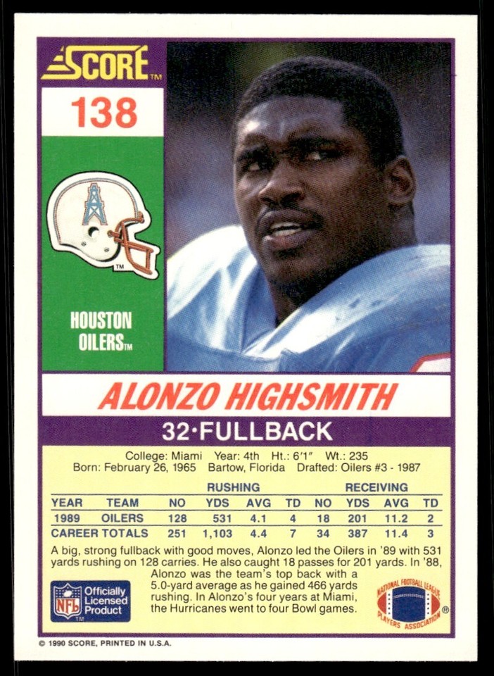 1990 Score Football Card Alonzo Highsmith Houston Oilers #138 | eBay