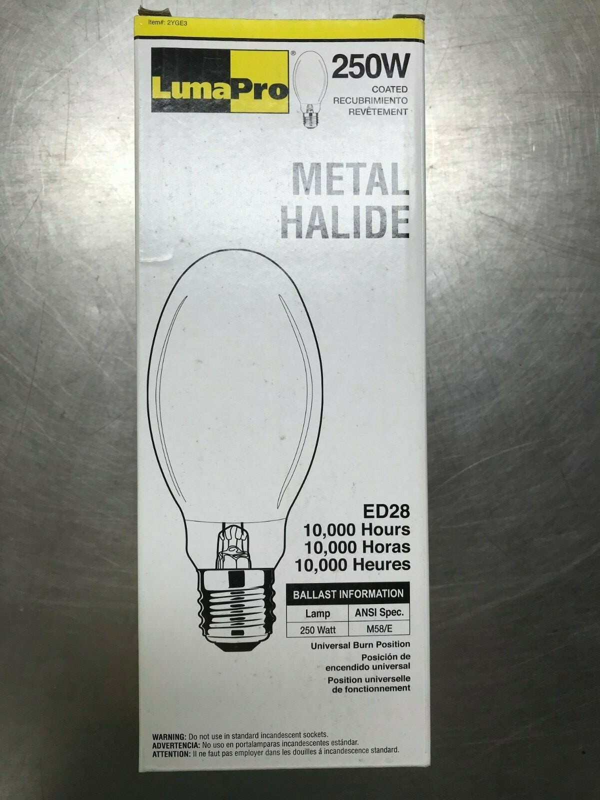 2YGE3 Grainger LumaPro MH250/C/U/M58/E Lamp 250W ED28 Coated BULB 10K ...