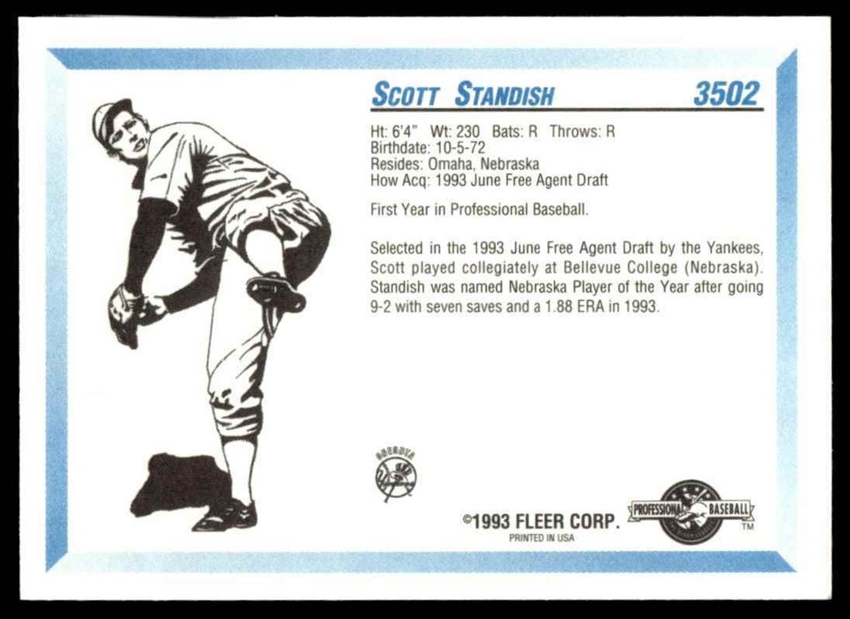 1993 ProCards Scott Standish Rookie Oneonta Yankees New York Yankees | eBay