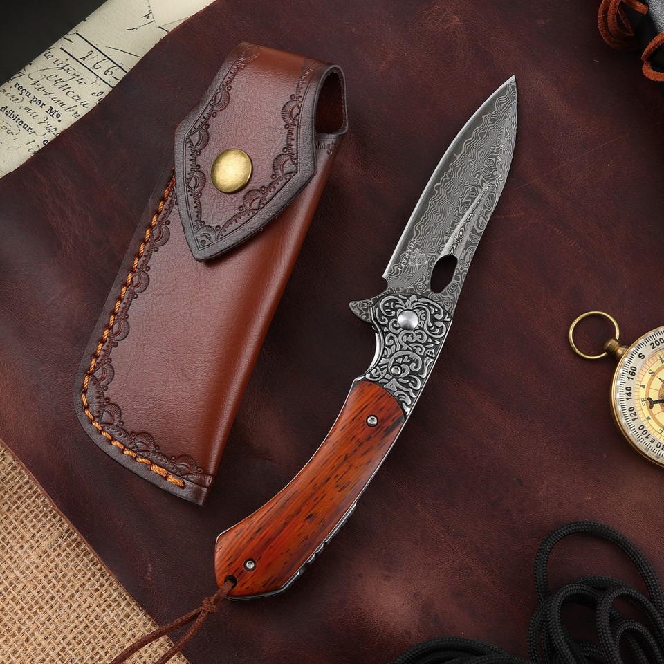 Chamaki Damascuse Folding Knife Sandelwood Handle Razor Sharp EDC ...