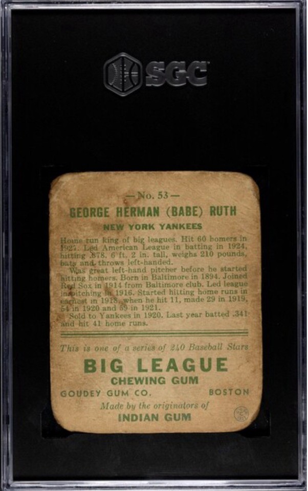 1933 Goudey #53 Babe Ruth Card SGC Authentic New York Yankees HOF ...