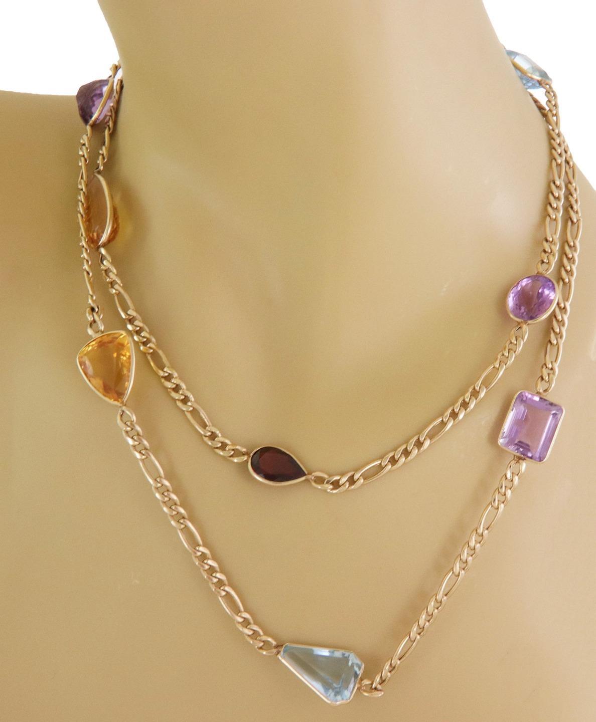 Multicolor Necklace Gem Motif 14k Yellow Gold Figaro Link 36" | eBay