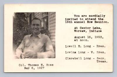 "Corporal Thomas E Ross" Center Lake WARSAW Indiana RPPC Row Reunion ...