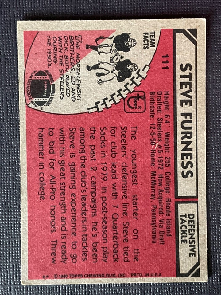 Steve Furness 1980 Topps Football Card #111 - Pittsburgh Steelers NM | eBay