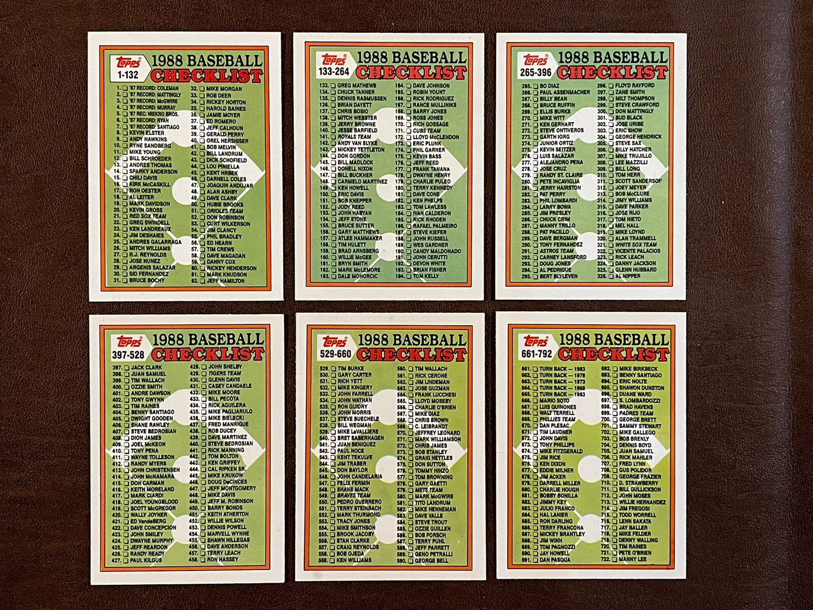 1988 Topps Baseball Checklists (6) #s 121, 253, 373, 528, 646, 776 - NM ...