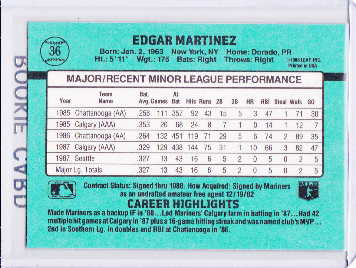EDGAR MARTINEZ ROOKIE CARD 1988 Donruss The Rookies RC Seattle Mariners ...