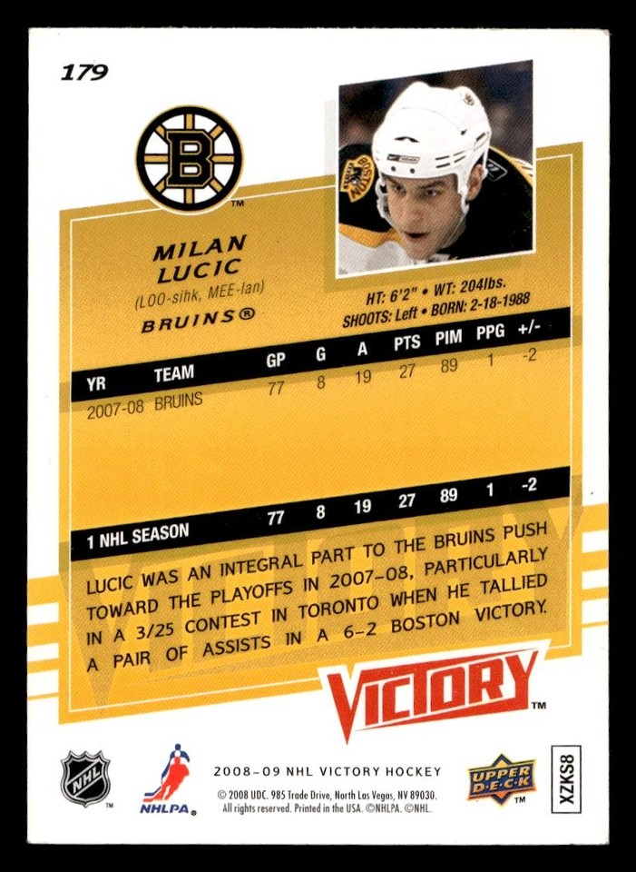 2008-09 Upper Deck Victory Hockey Card #179 Milan Lucic Boston Bruins ...