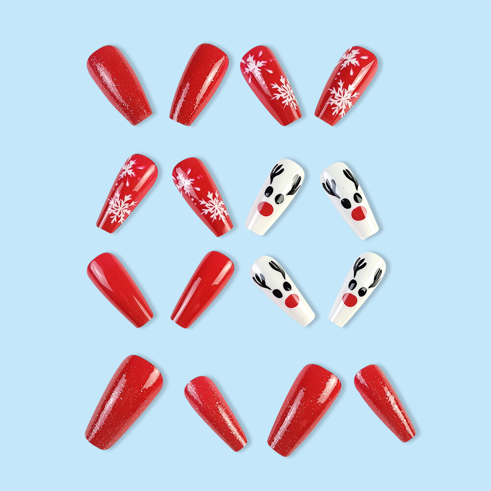Christmas Red Fake Nail Snowflakes Long Coffin Press on Nails for Nail ...