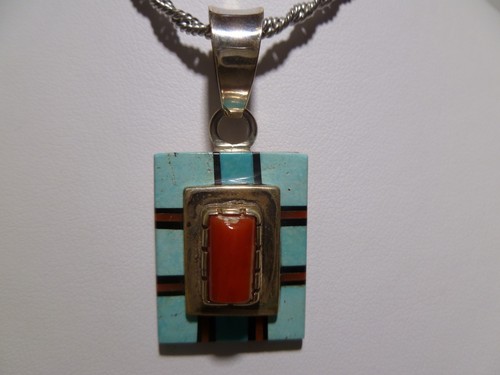 Navajo Philbert Begay Inlay Turquoise Pendant Red Coral Nugget Sterling ...