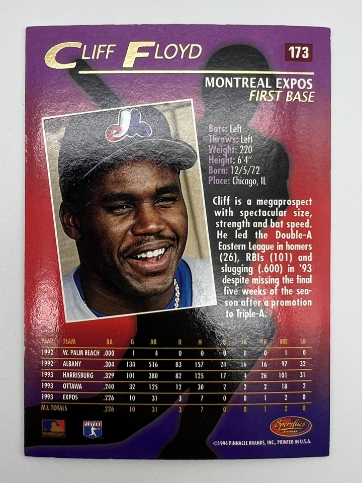 Cliff Floyd #173 Lenticular - Baseball Card - 1994 Sportsflics 2000 ...