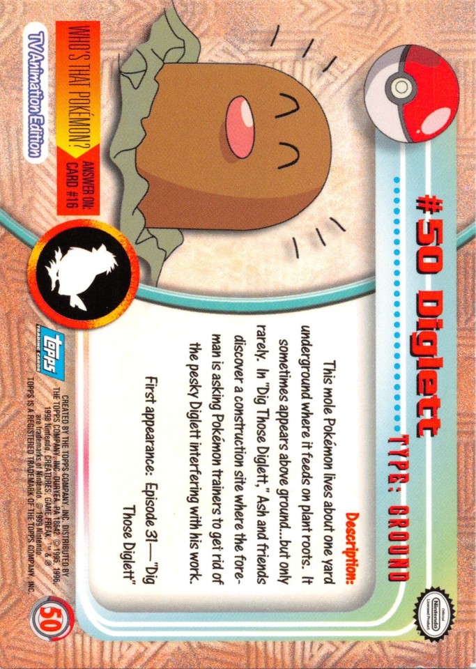 DIGLETT #50 - BLUE Logo - NON-HOLO - SERIES 1 - TOPPS Pokemon Card - NM ...