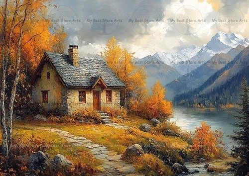 STONE COTTAGE AUTUMN ART PRINT, Rustic Home Decor, Fall Mountain Cabin ...